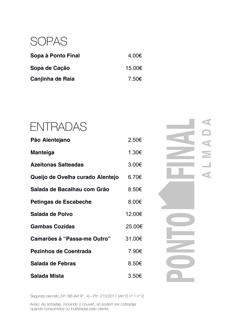 Ponto Final Restaurant Menu | Waterside Dining in Almada, Portugal